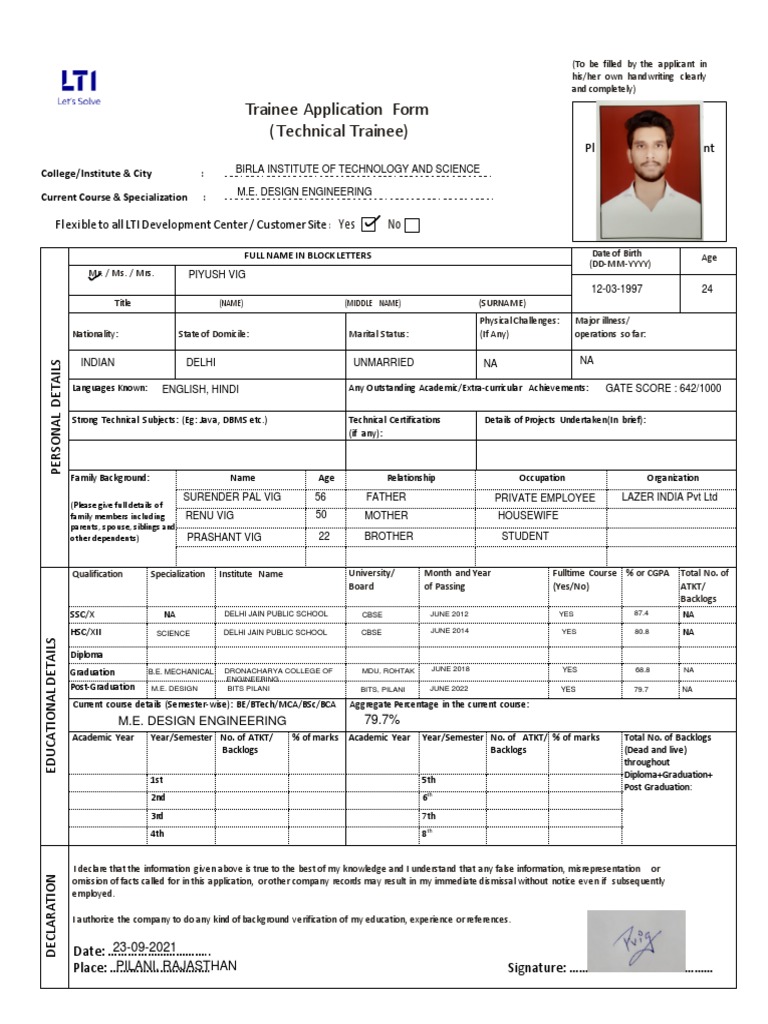Trainee Application Form - Year 2021 | PDF | Educational Stages ...