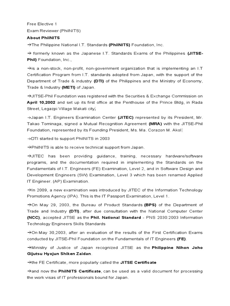 Free Elective 1 - PHILNITS REVIEWER | PDF | Qualifications | Vocational ...