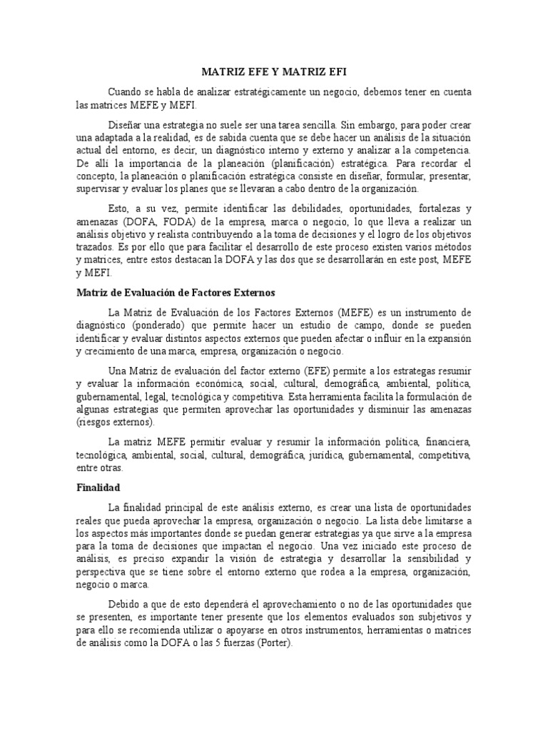 Matriz Efe y Matriz Efi | PDF | Análisis FODA | Cognición