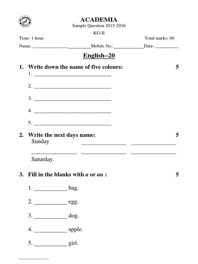 Admission Test Sample Question in KG-II | PDF | Linguistic Morphology