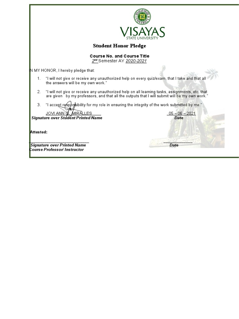 VSU Student Honor Pledge 2021 - Miralles, Jovi Ann Q. | PDF