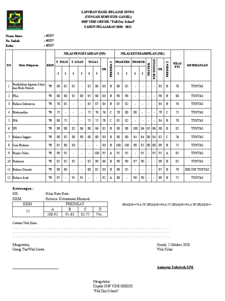 FORM NILAI PTS MAPEL GURU KELAS 7dkkd | PDF