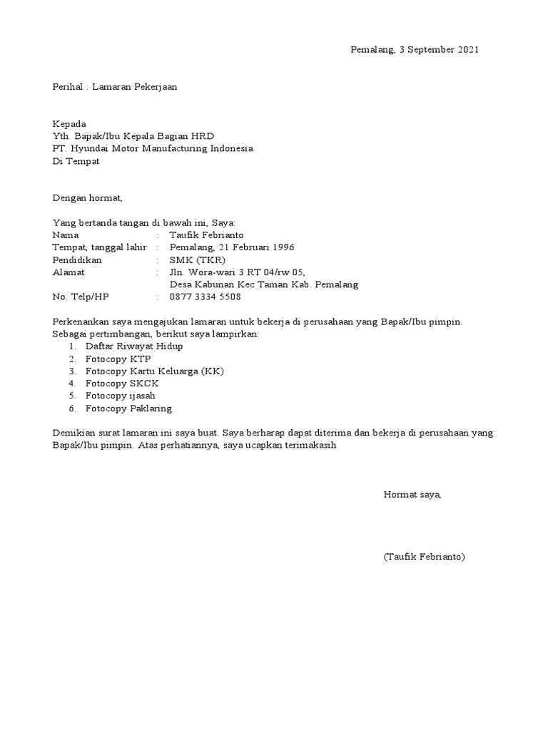 Lamaran Kerja Taufik Febrianto | PDF