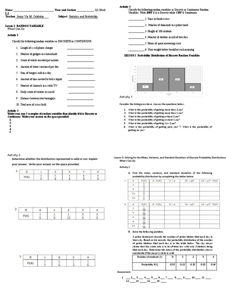 Statistics and Probability Classwork | PDF | Random Variable | Probability Distribution