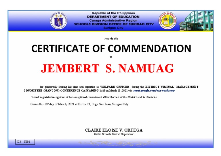 Certificate of Commendation for Welfare Officer | PDF | Business ...