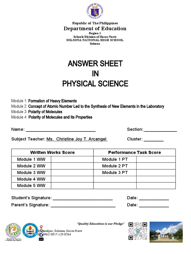 Answer Sheet PHYSICAL SCIENCE m1 4 | PDF | Chemical Polarity | Stars