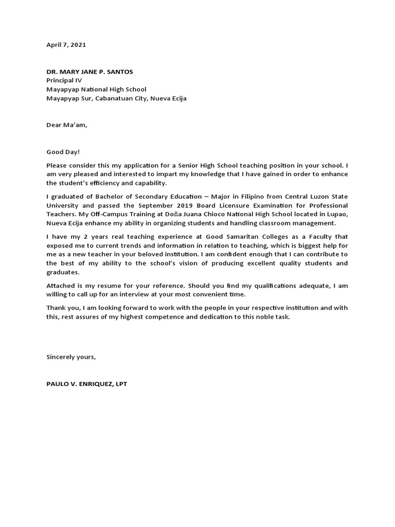 Application Letter SHS | PDF