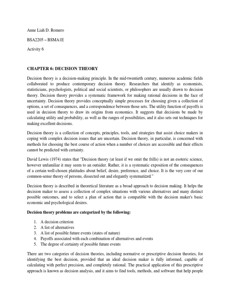 Chapter 6: Decision Theory: Decision Theory Problems Are Categorized by ...