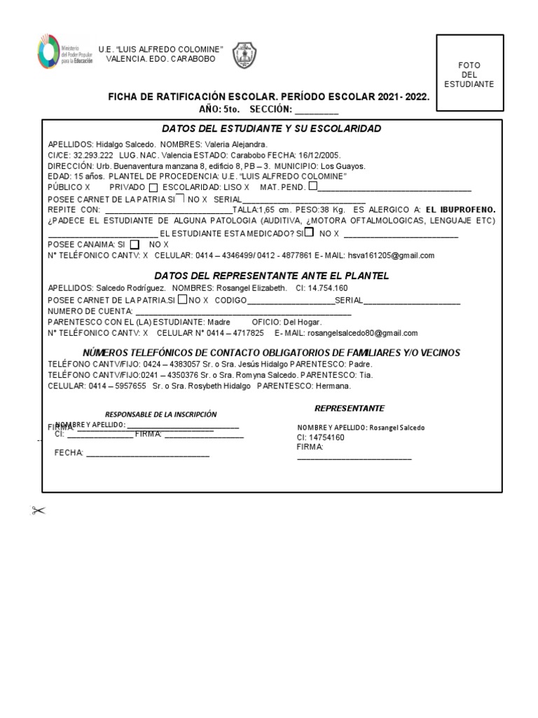 Ficha de Ratificación Escolar 2021-2022 | PDF | Venezuela