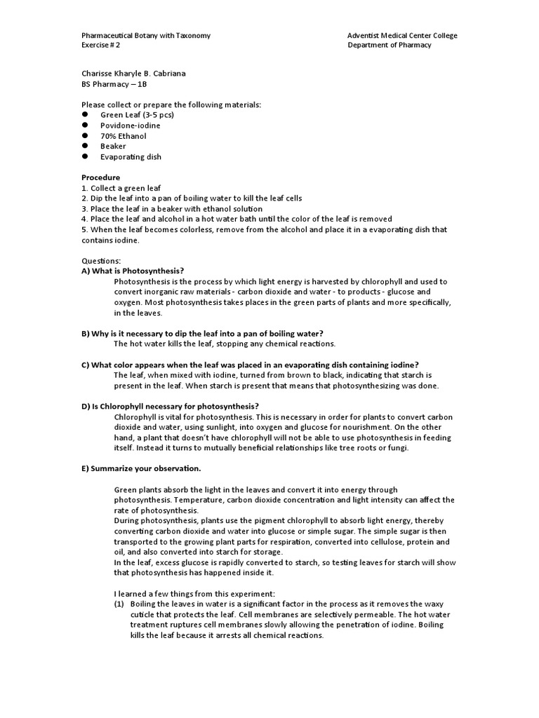 Pharmacy Botany Experiment Guide | PDF | Photosynthesis | Leaf