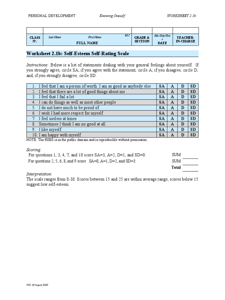 Worksheet 2.1b: Self-Esteem Self-Rating Scale | PDF | Self Esteem ...