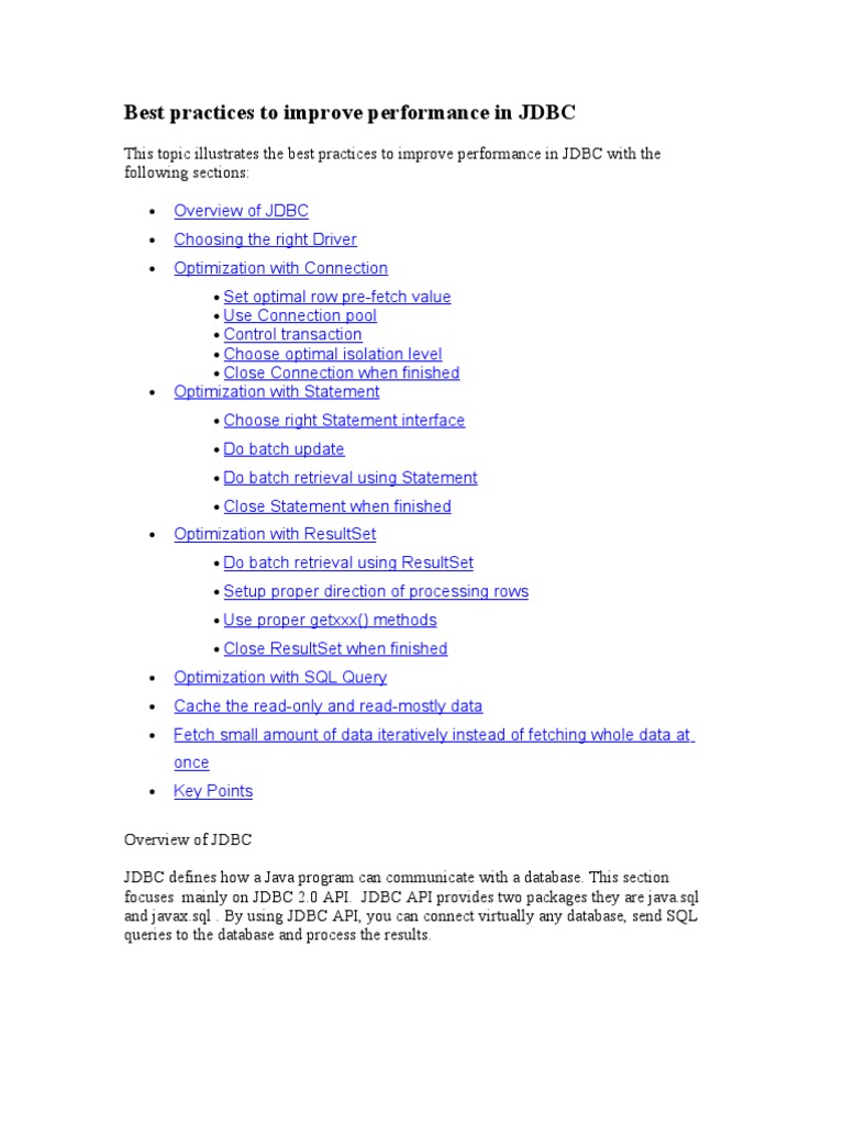 Best Practices To Improve Performance in JDBC | PDF | Databases ...