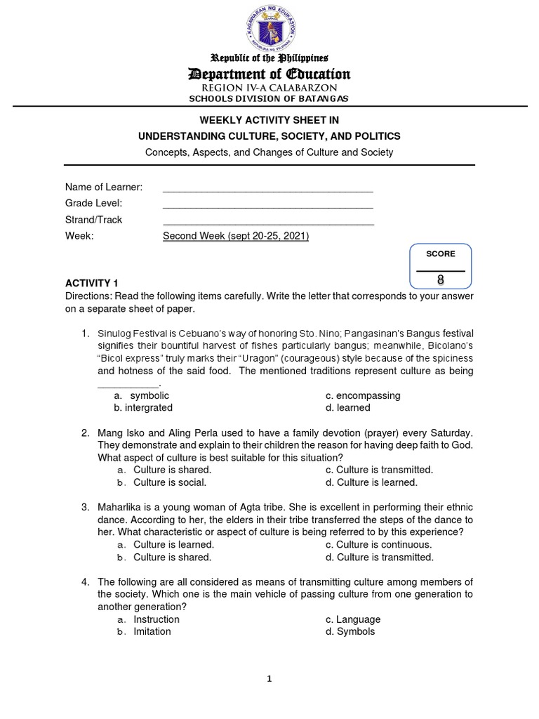 UCSP Activity Sheet: Culture & Society | PDF | Society | Human Nature