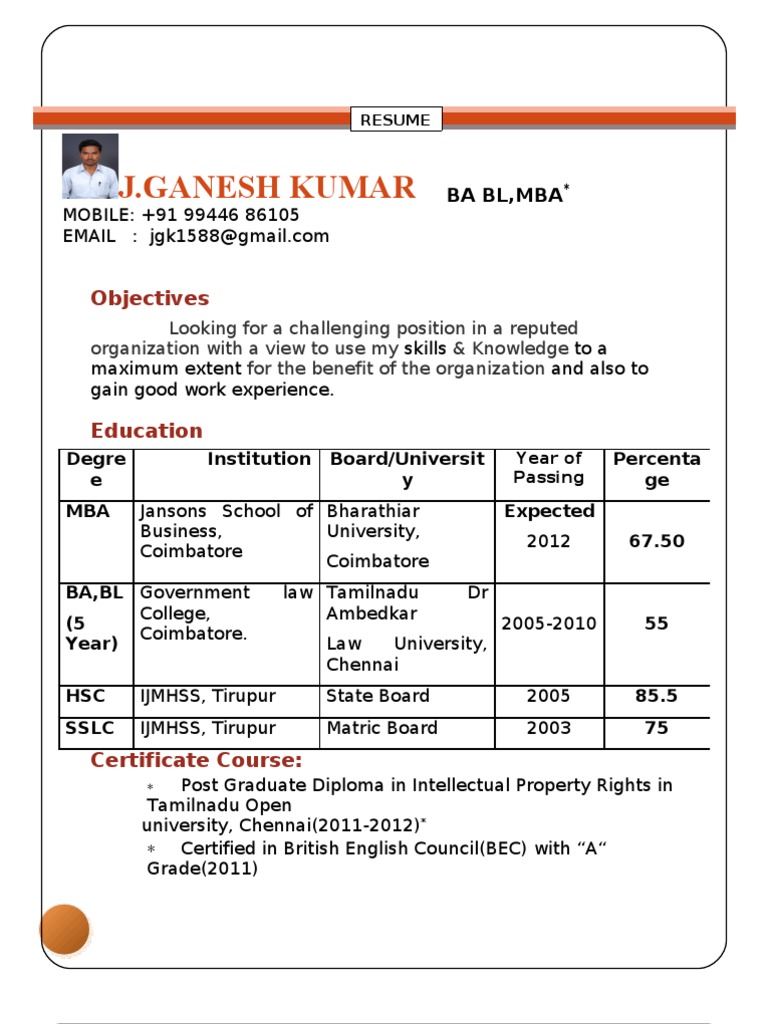 Ganesh Kumar Resume | PDF | Advocate | Behavior Modification