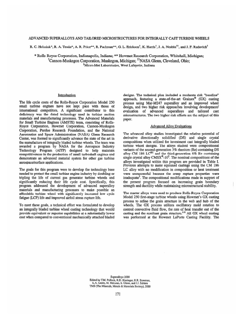 Rolls-Royce Corporation, Indianapolis, Indiana Howmet Research ...