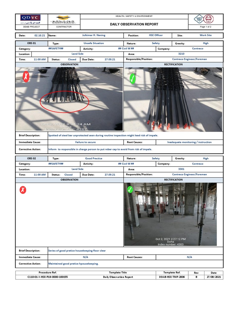HSE Daily Observation Report | PDF | Occupational Safety And Health ...