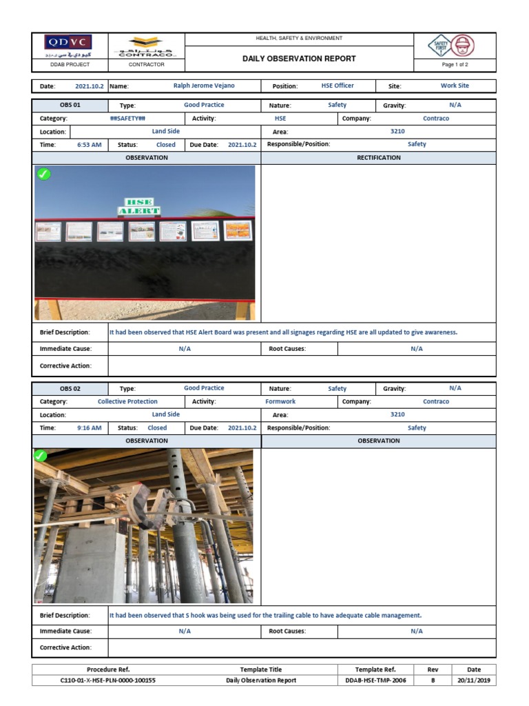 Promoting a Culture of Safety: A Daily HSE Observation Report | PDF ...