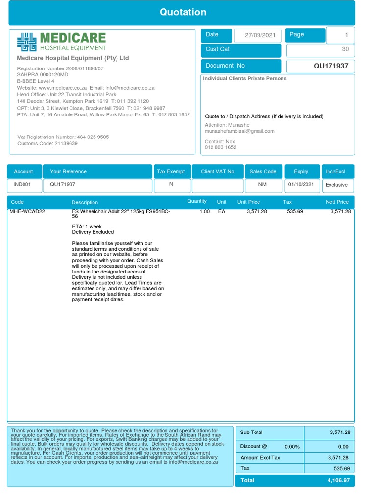 Medicare Hospital Equipment (Pty) LTD: Date Cust Cat | PDF | Receipt ...