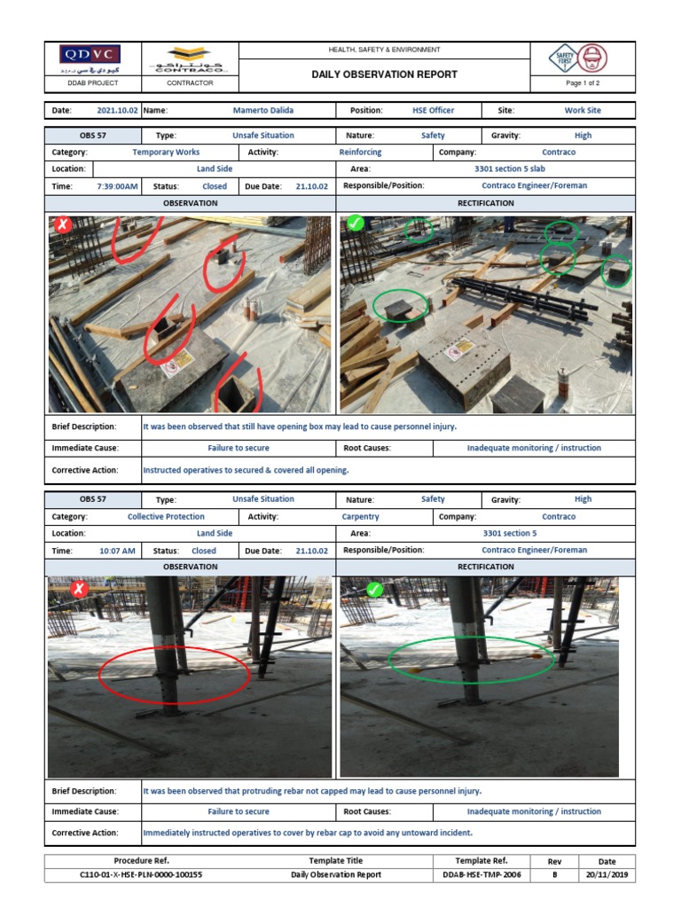 Daily Observation Report: Health, Safety & Environment | PDF | Safety ...