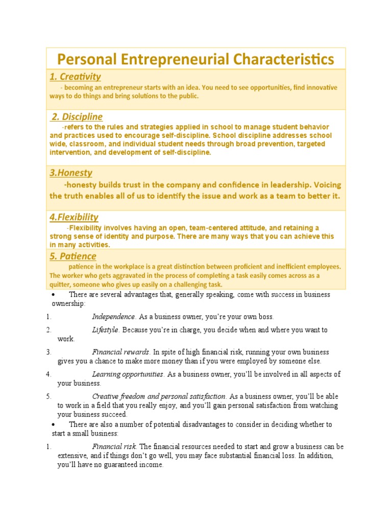 Personal Entrepreneurial Characteristics: 1. Creativity | PDF ...