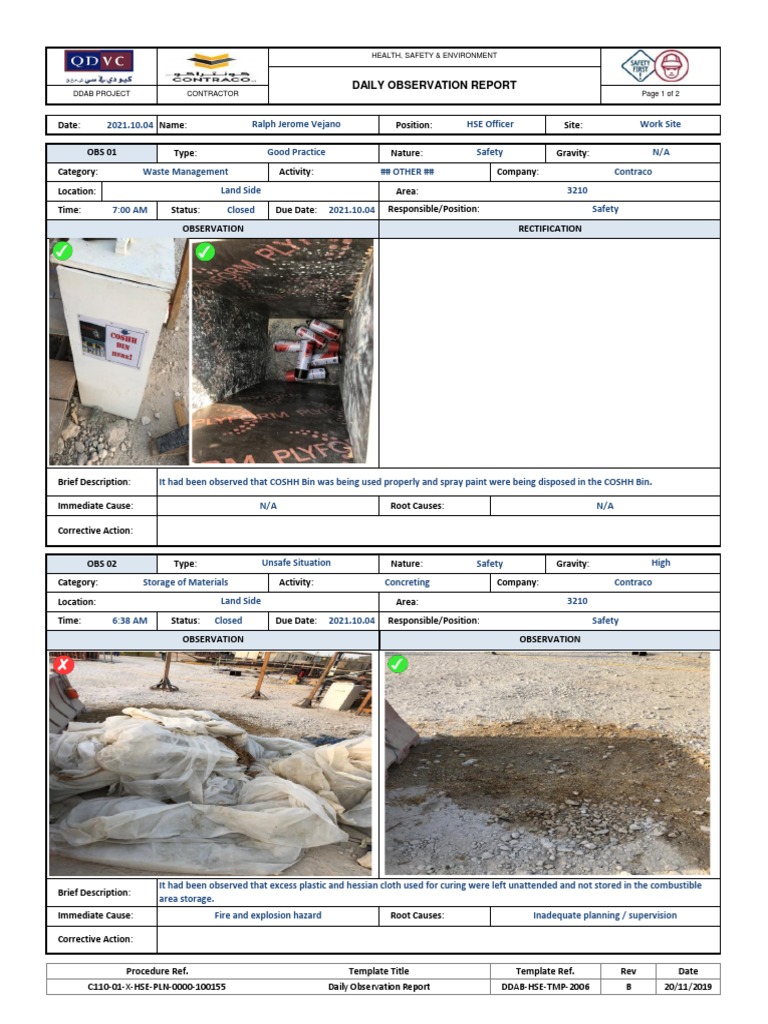 Daily Observation Report: Health, Safety & Environment | PDF | Hazards ...