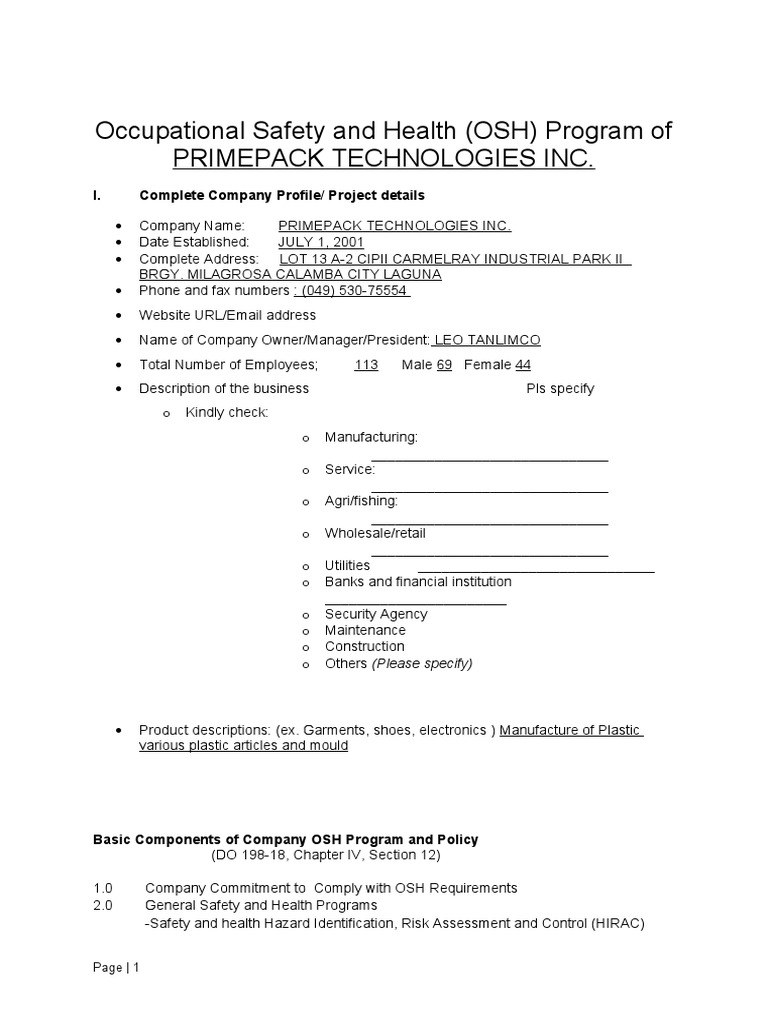 OSH Program Template (RA 11058) | PDF | Occupational Safety And Health ...
