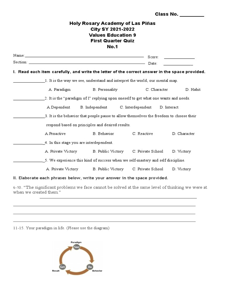 Values Education 9 Quiz - SY 2021-2022 | PDF | Career & Growth