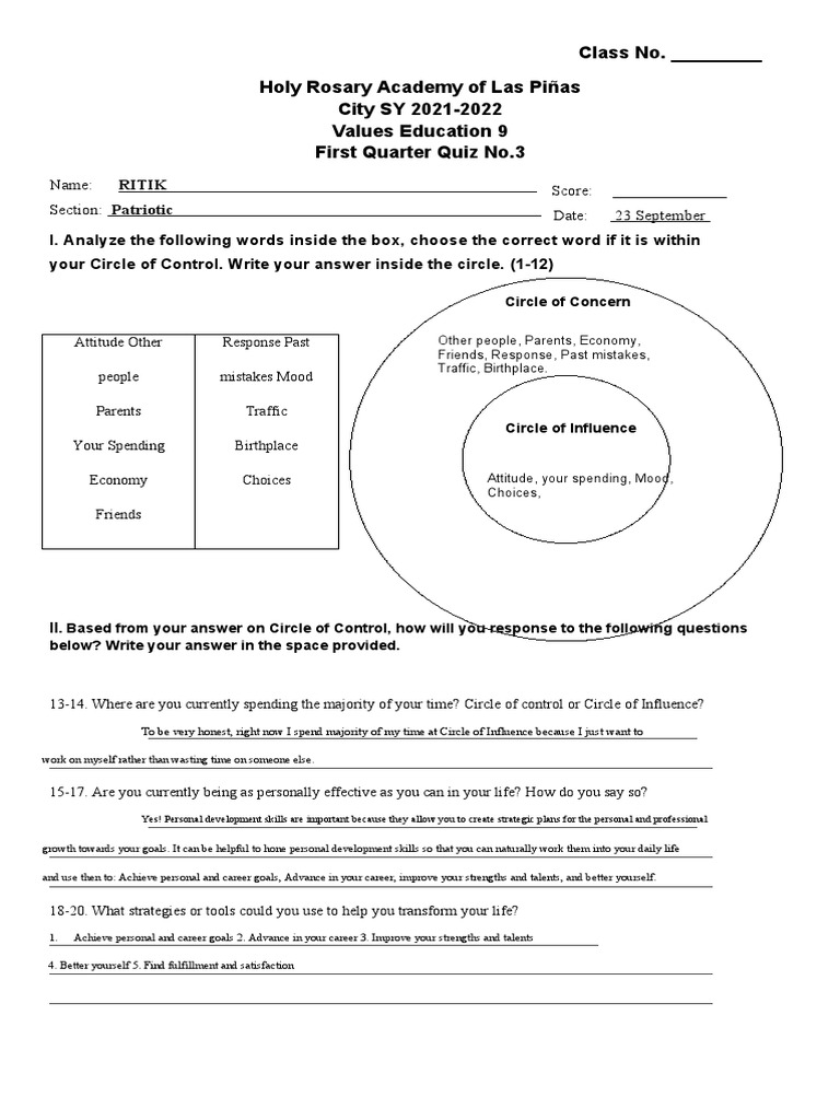Values Education Quiz 3 | PDF | Cognition | Human Nature