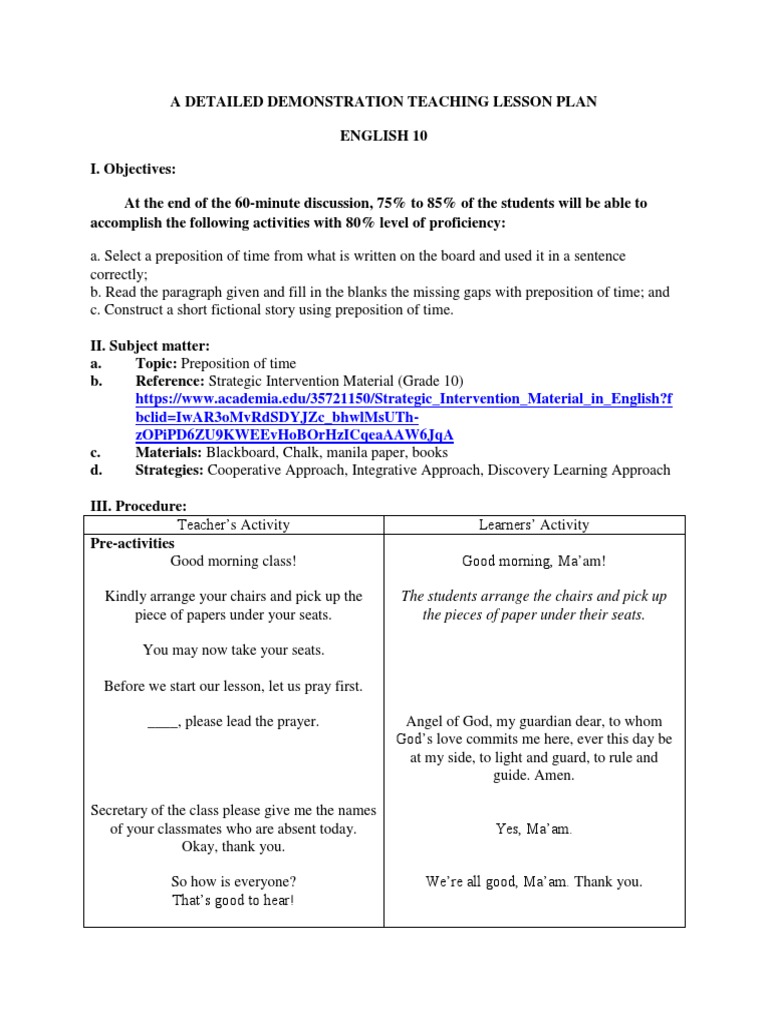 Grade 10 Prepositions of Time Lesson Plan | PDF | Lesson Plan ...