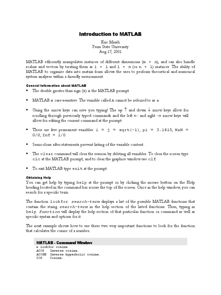 Matlab Intro Marsh Pdf Matlab Matrix Mathematics