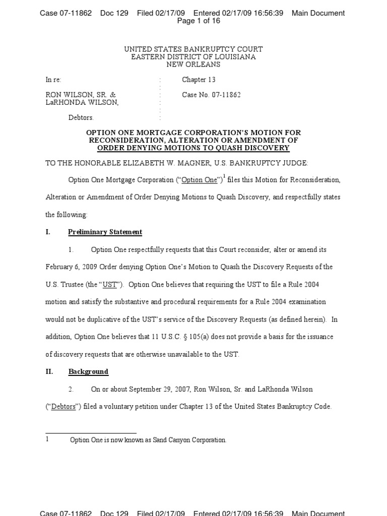 Option One Mortgage Corporation'S Motion For Reconsideration ...