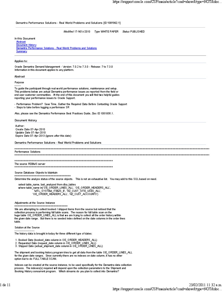 Demantra Performance Solutions - Real World Problems and Solutions (ID 1081962.1) | PDF | Oracle ...