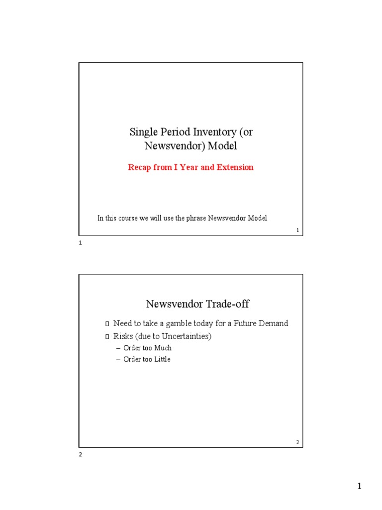 Single Period Inventory (Or Newsvendor) Model: Recap From I Year and ...