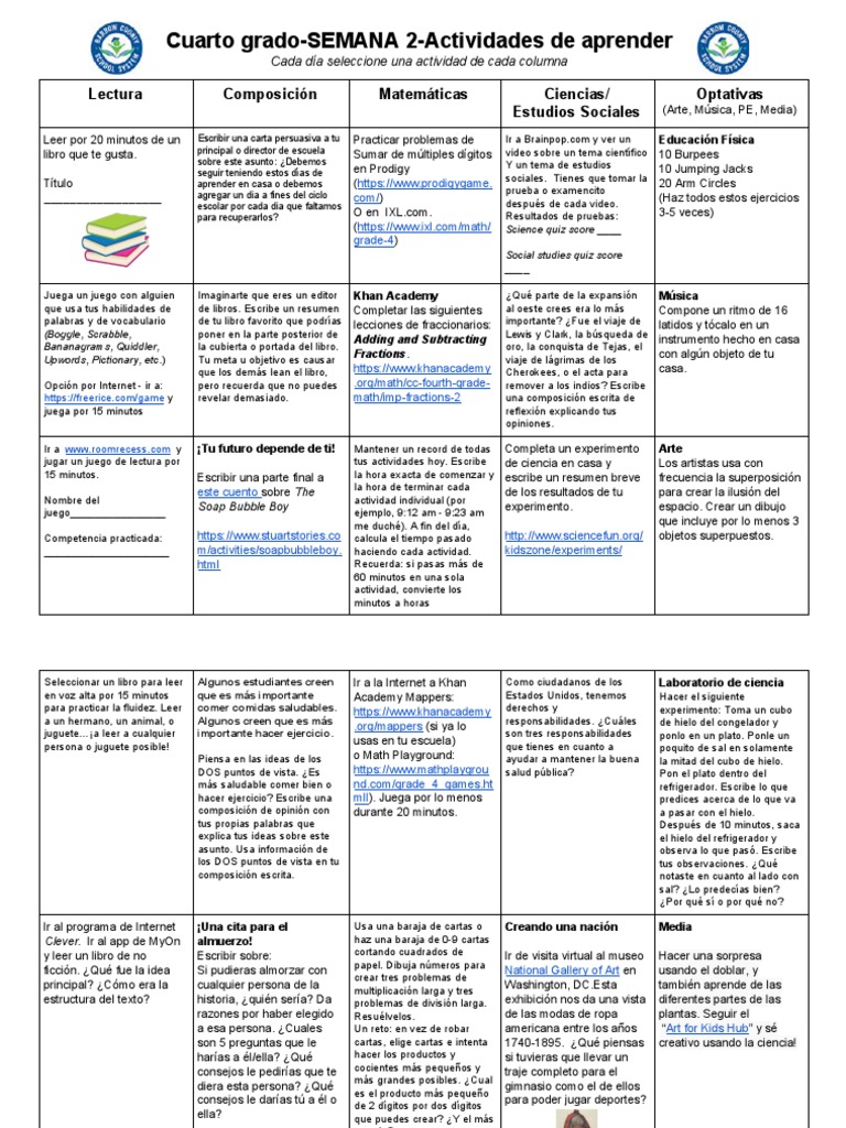 Spanish BCSS Fourth Grade Learning Choices Week 2 | PDF