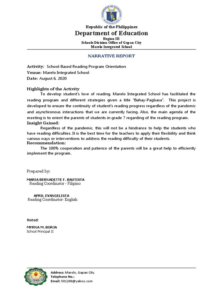 Narrative Report (Launching of Reading Program) | PDF