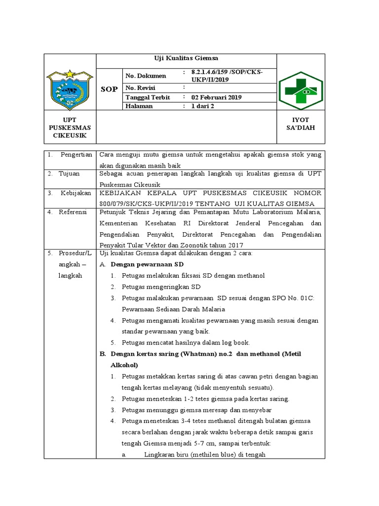 SOP Uji Kualitas Giemsa | PDF | Pengembangan Diri | Kesehatan Holistik