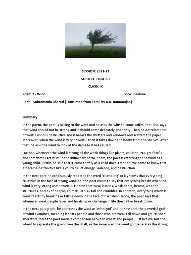SESSION: 2021-22 Subject: English Class: Ix Poem 2 - Wind Book: Beehive ...