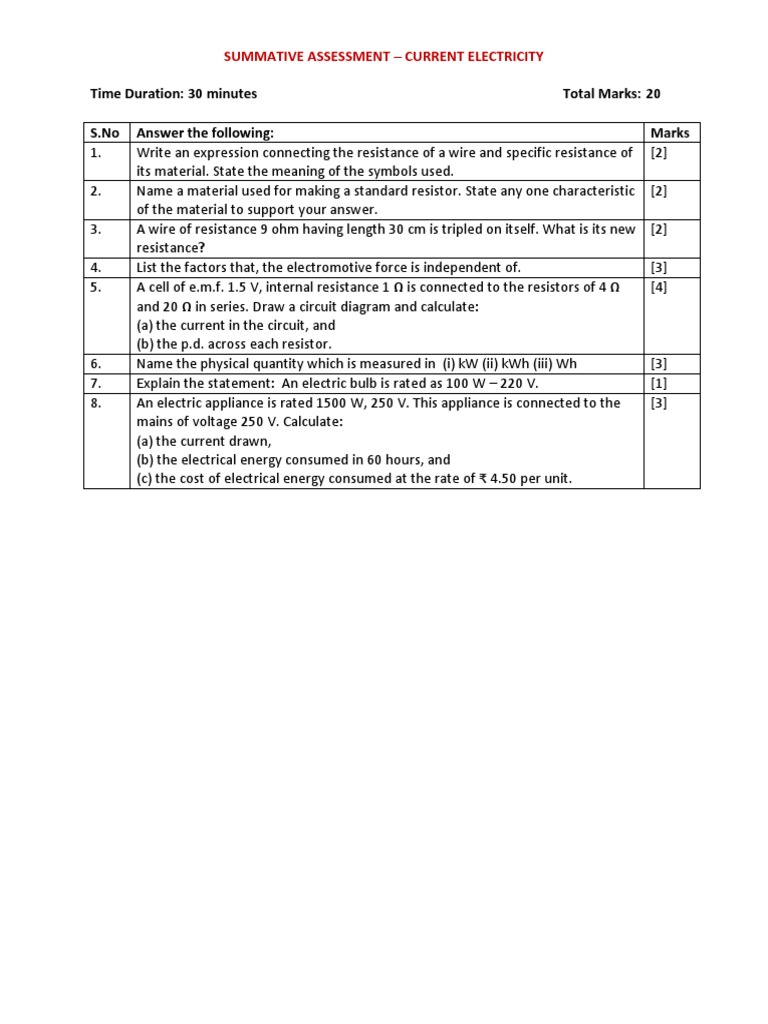 Current Electricity - Summative Assessment | PDF