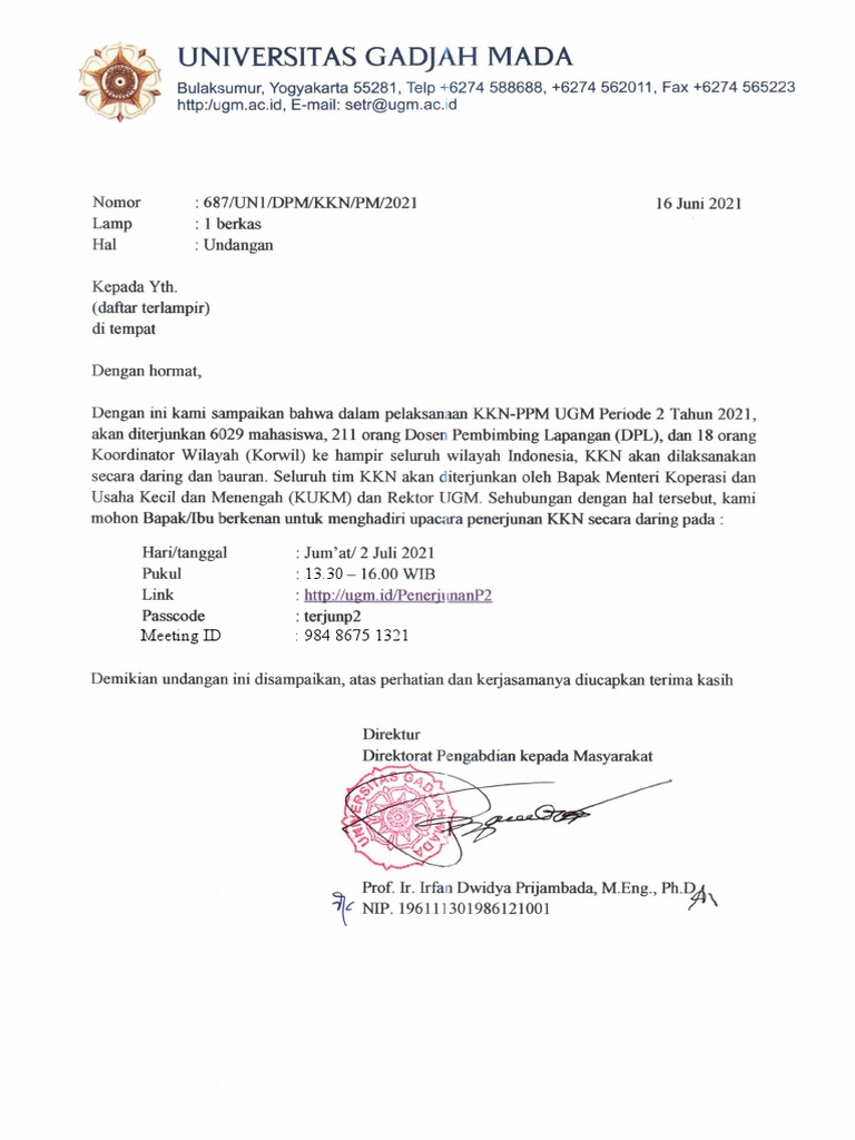 Surat Undangan Penerjunan KKN UGM P2 Tahun 2021 (Camat, Panewu & Ka ... Surat Undangan Penerjunan KKN UGM P2 Tahun 2021 (Camat, Panewu & Ka ...