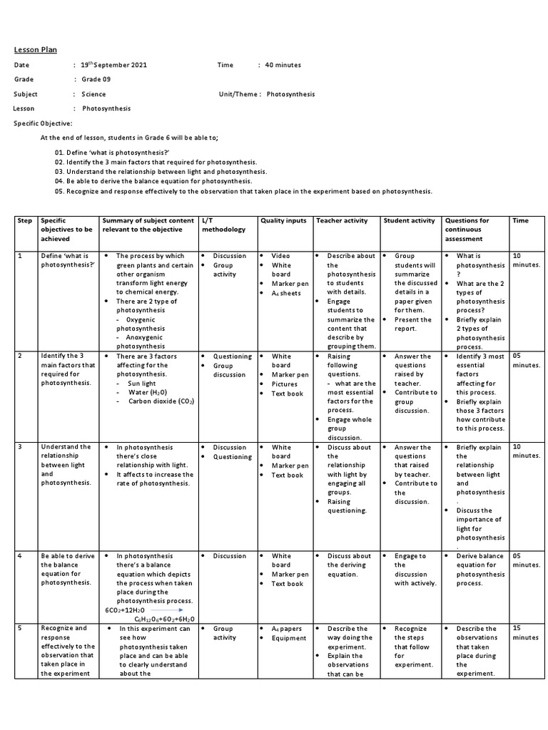 Lesson Plan About Photosynthesis | PDF | Photosynthesis | Lesson Plan