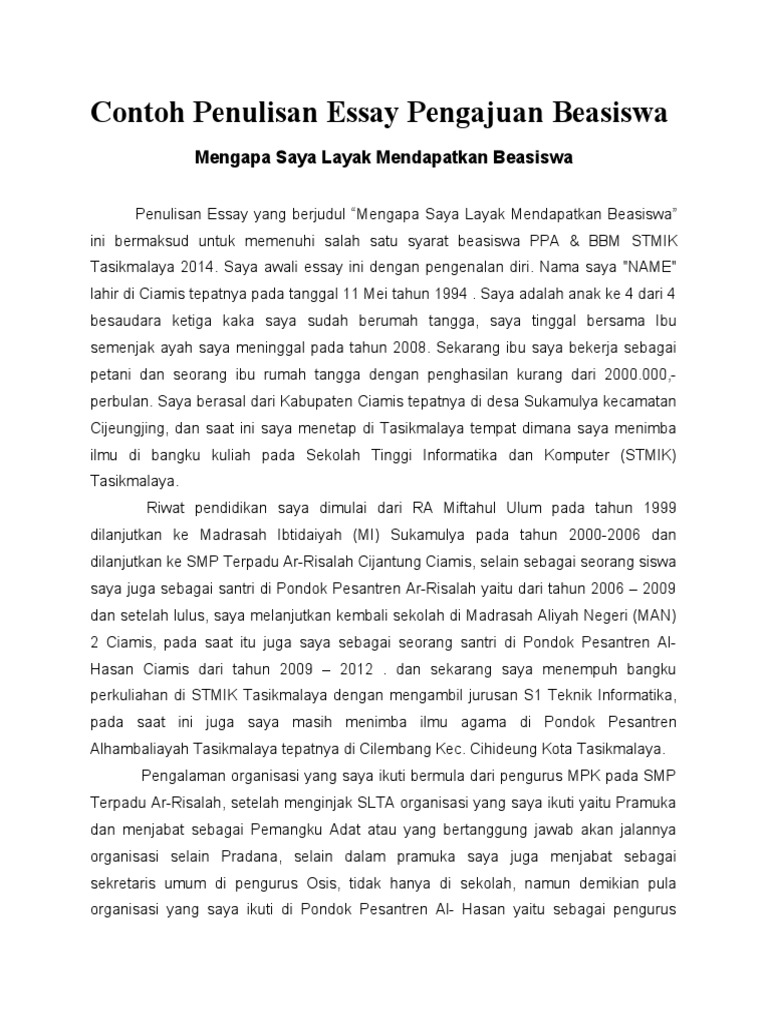Contoh Penulisan Essay Pengajuan Beasiswa | PDF
