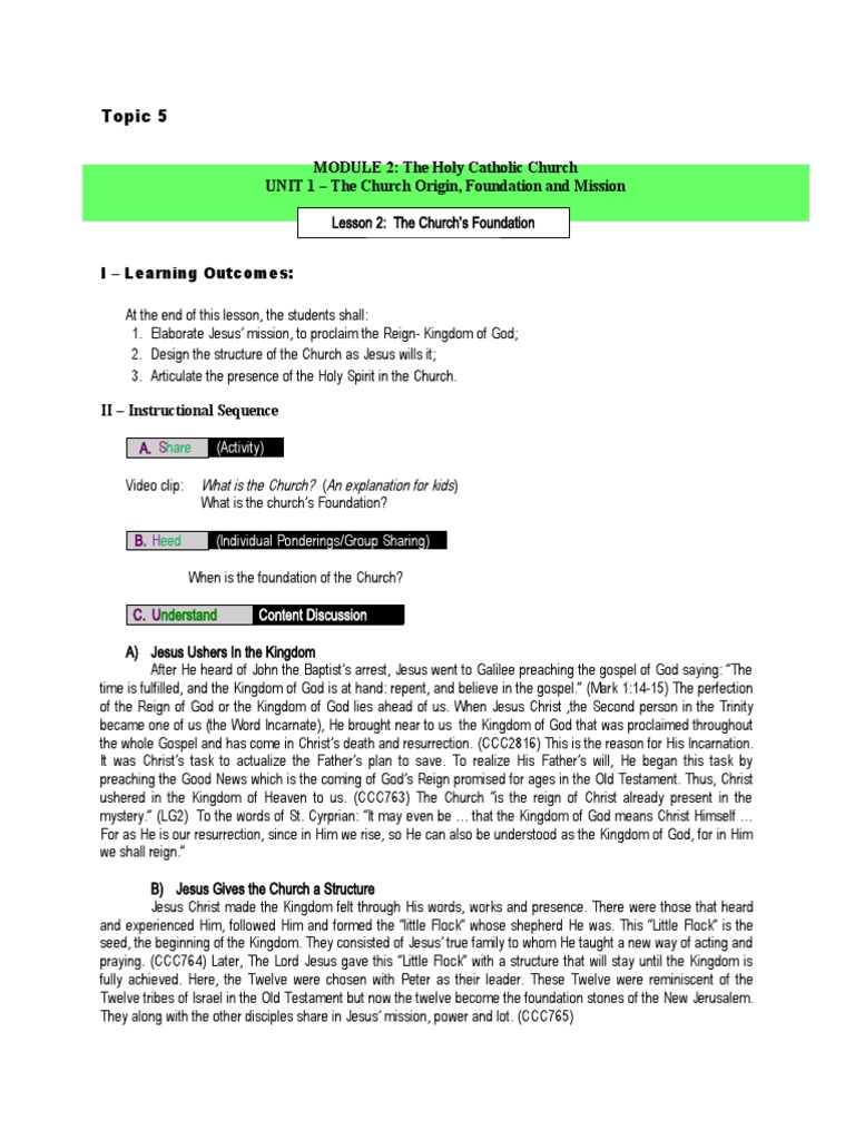 Topic 5: MODULE 2: The Holy Catholic Church UNIT 1 - The Church Origin ...