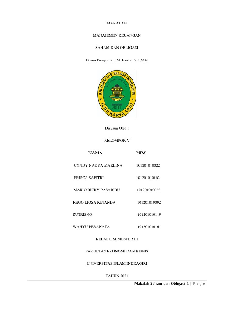 Makalah Saham Dan Obligasi Kelompok V FIX PDF | PDF Makalah Saham Dan Obligasi Kelompok V FIX PDF | PDF