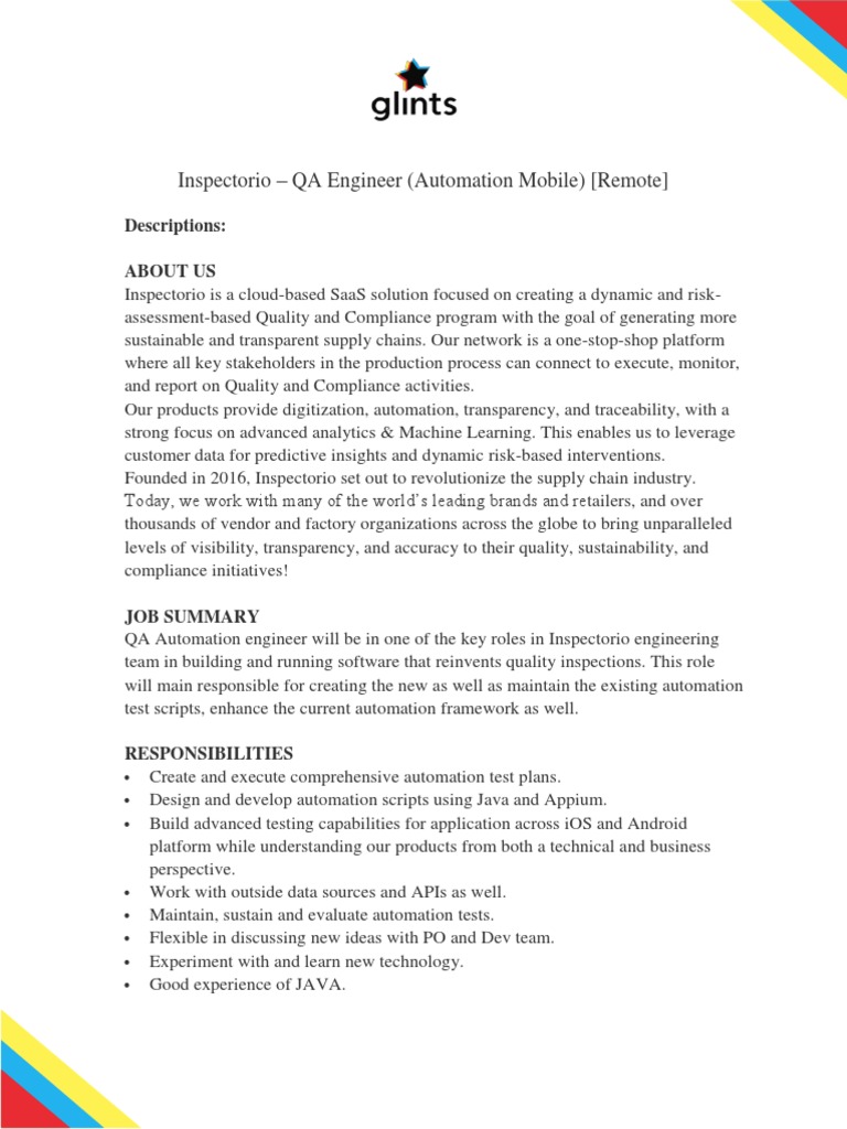 (Glints) - JD - Inspectorio - QA Engineer (Automation Mobile) (Remote) | PDF | Automation ...