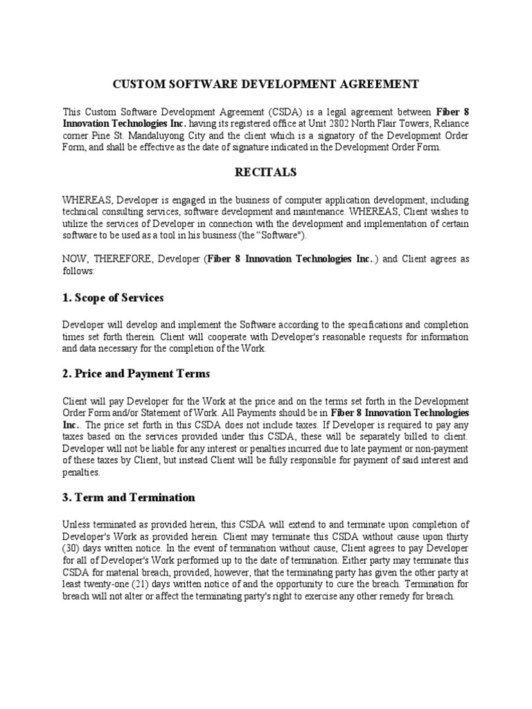 Custom Software Development Agreement | PDF | License | Indemnity