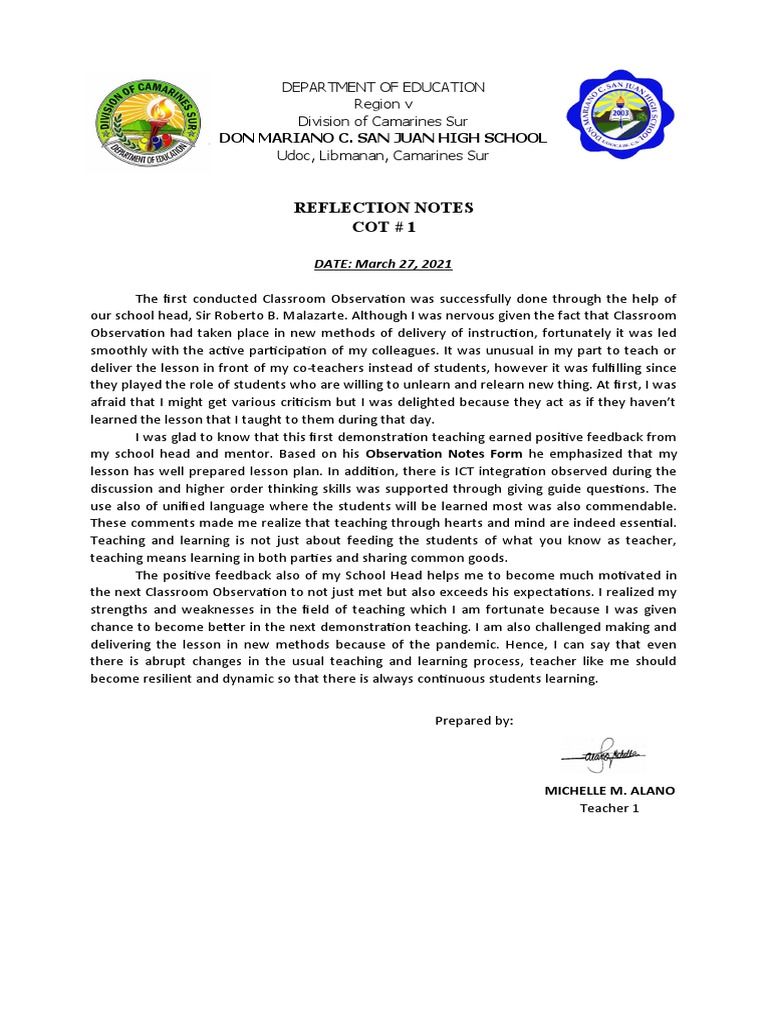 Reflection Notes Cot # 1: Don Mariano C. San Juan High School | PDF ...
