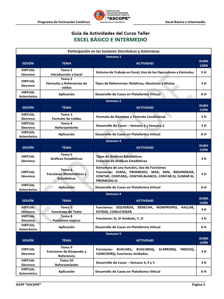 Guia de Actividades Curso Taller Excel Basico e Intermedio | PDF | Microsoft Excel | Ingeniería ...