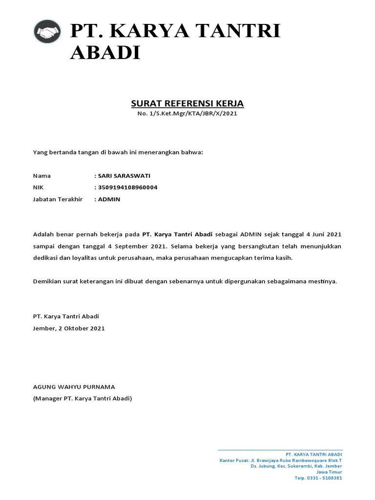 Surat Referensi Kerja | PDF
