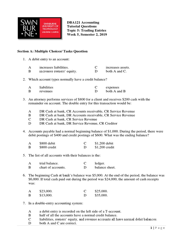 DBA121 Accounting Tutorial Questions Topic 5: Trading Entries Week 5 ...
