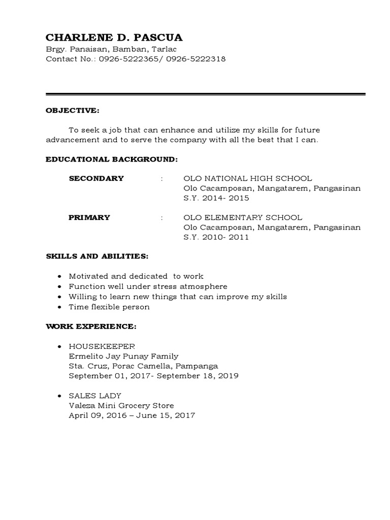 Charlene D. Pascua resume for various jobs | PDF